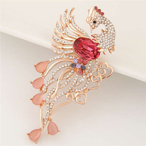 Rhinestone Embellished Phoenix Design Golden Alloy Women Brooch