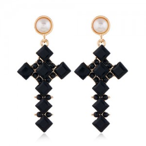 Resin Gem Cross Design Pearl Fashion Women Stud Earrings - Black